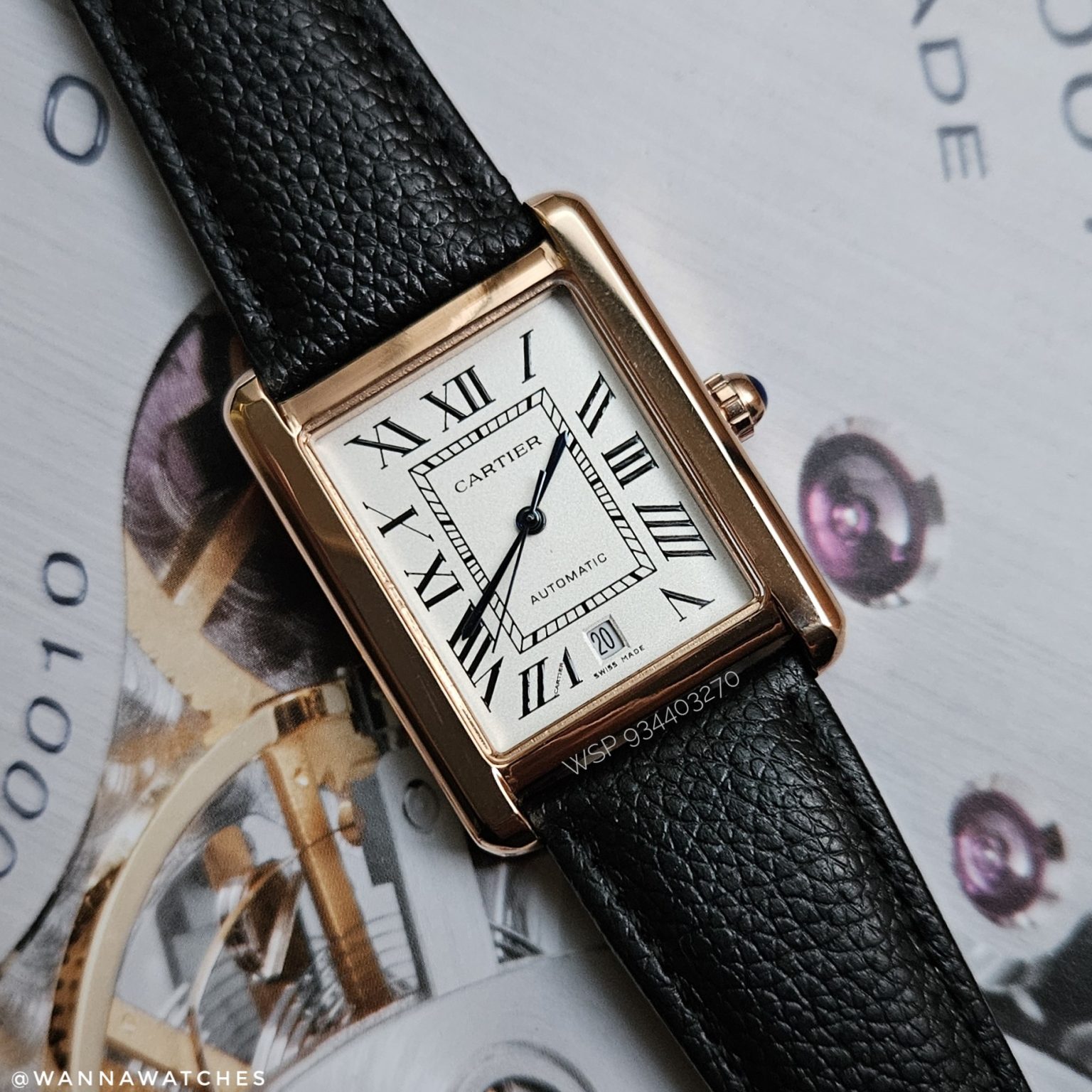 Cartier Tank Automático Oro Rosa Correa Negra | WannaWatches Perú